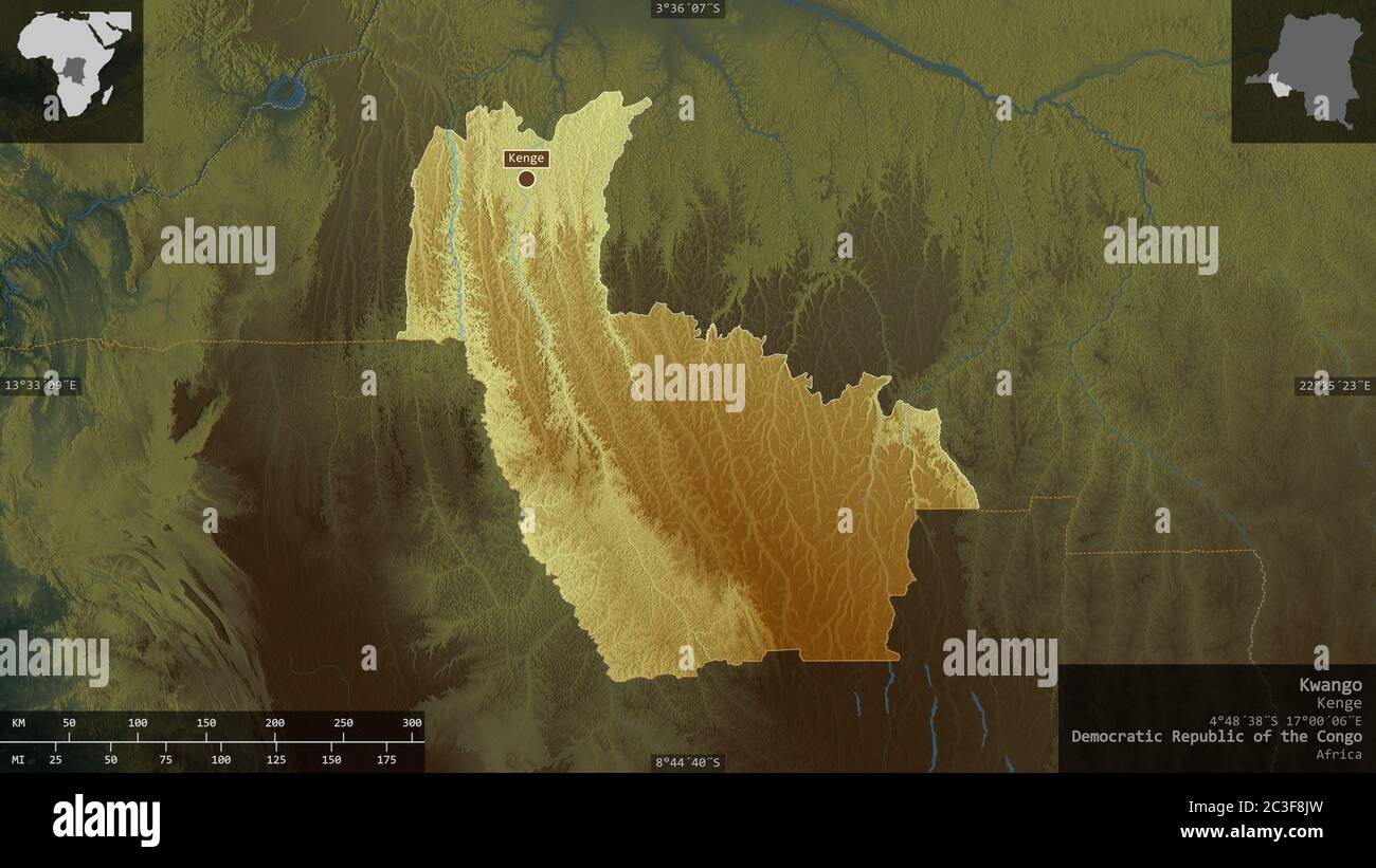 Kwango, province of Democratic Republic of the Congo. Colored relief ...