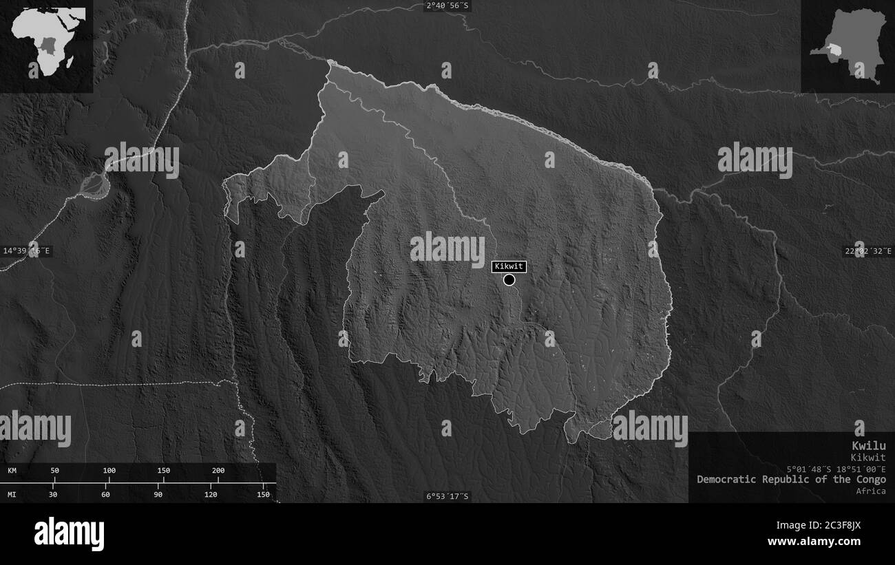 Kwilu, province of Democratic Republic of the Congo. Grayscaled map ...