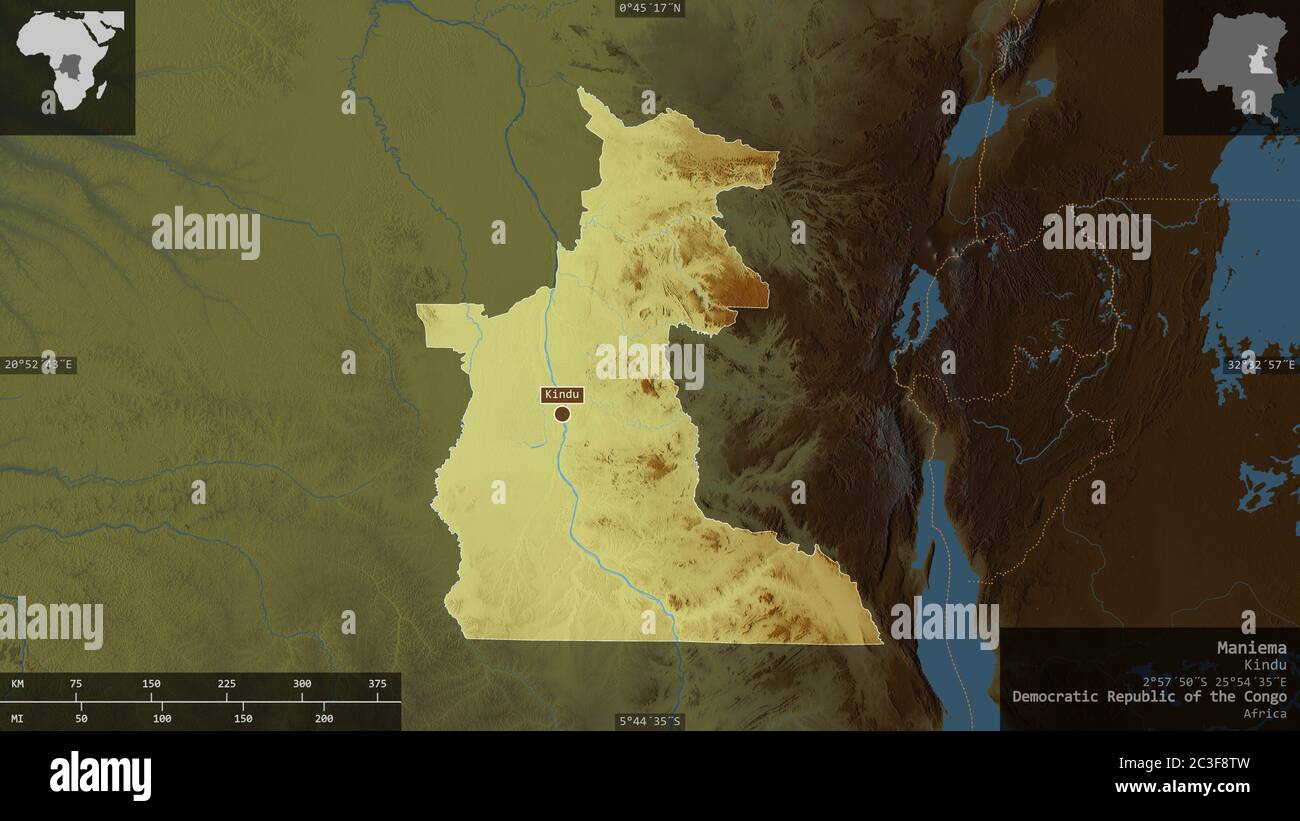 Maniema, province of Democratic Republic of the Congo. Colored relief ...