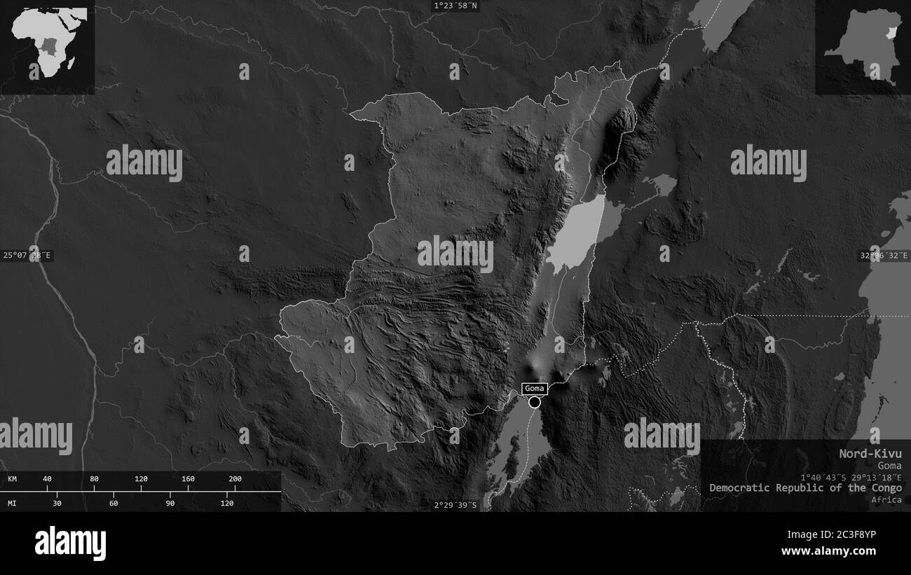 Nord-Kivu, province of Democratic Republic of the Congo. Grayscaled map ...