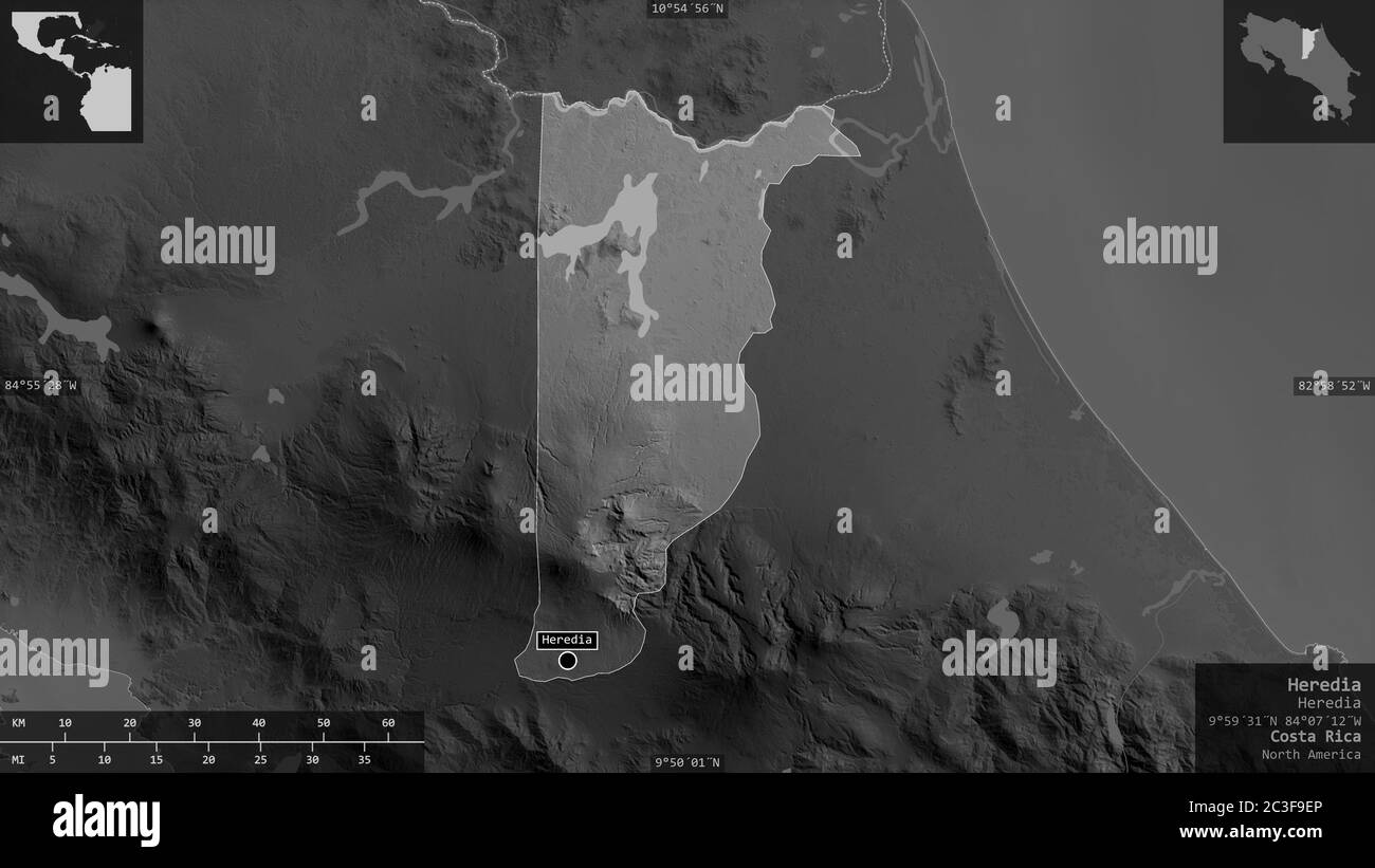 Heredia, province of Costa Rica. Grayscaled map with lakes and rivers ...