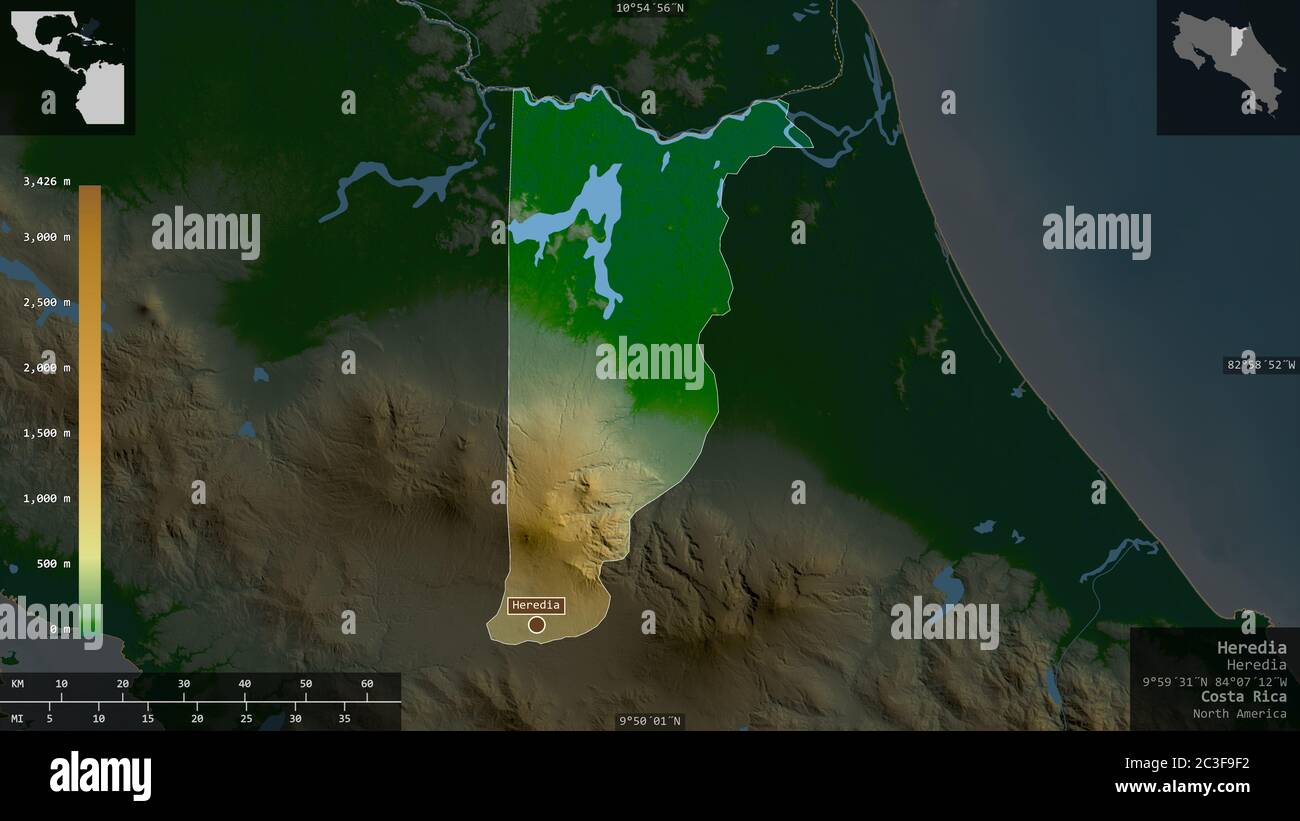Heredia, province of Costa Rica. Colored shader data with lakes and ...