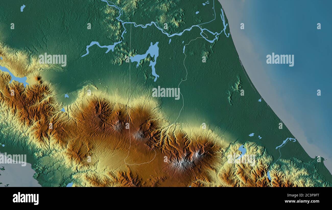 Heredia, province of Costa Rica. Colored relief with lakes and rivers ...