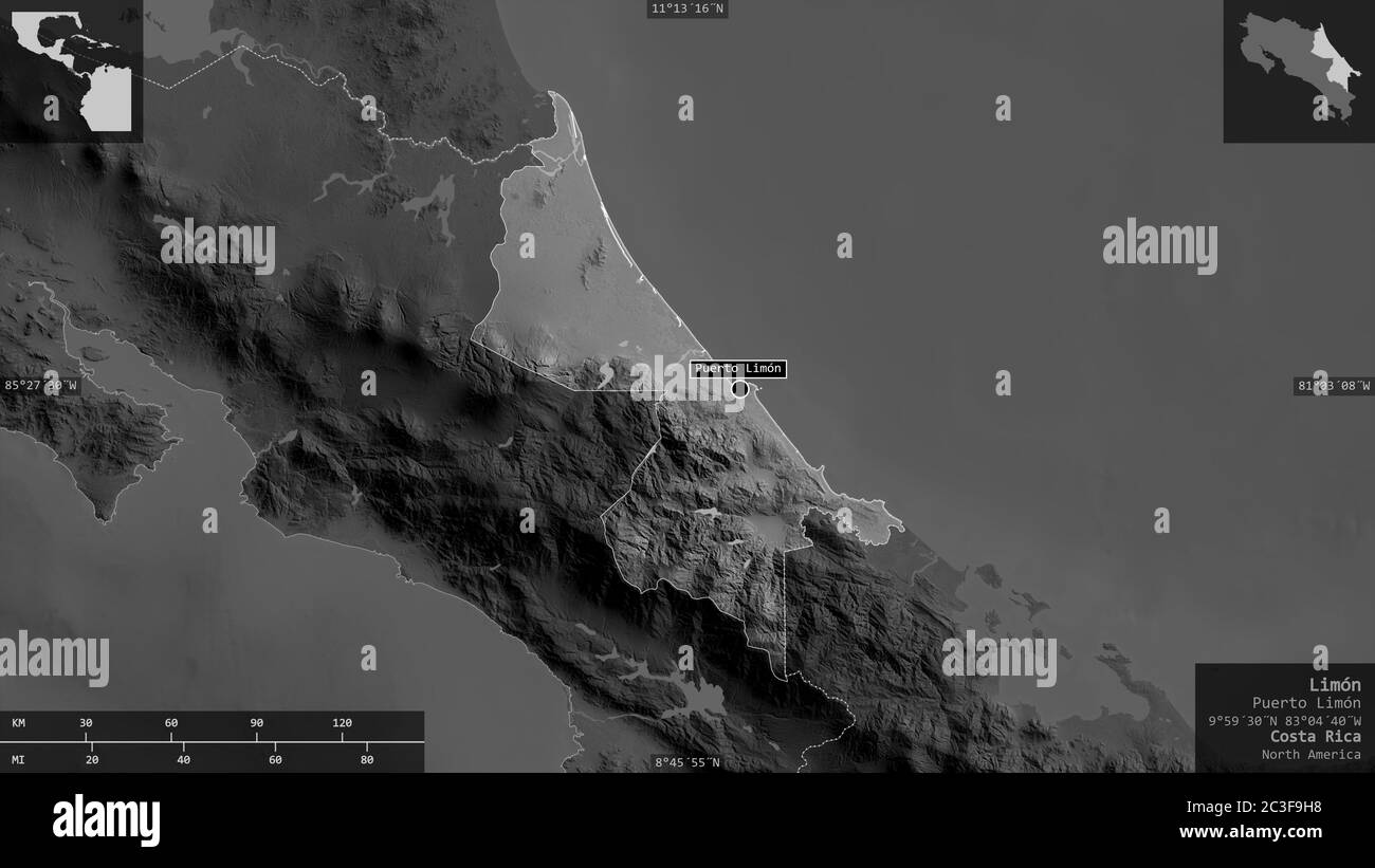 Limón, province of Costa Rica. Grayscaled map with lakes and rivers ...