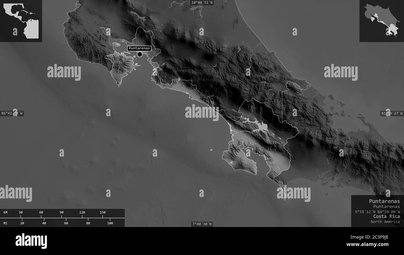Puntarenas, province of Costa Rica. Grayscaled map with lakes and ...