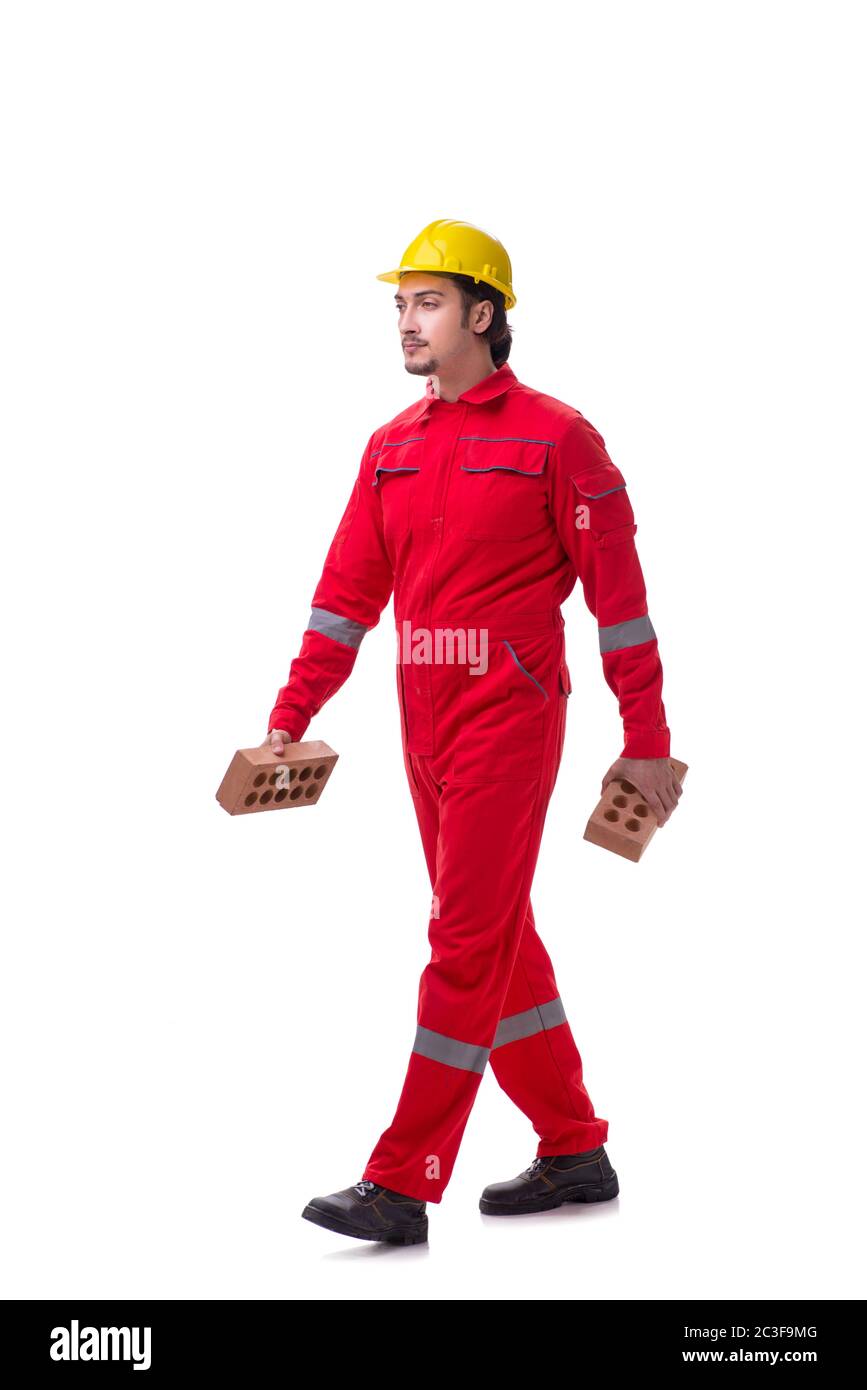 Young male mason with brick isolated on white Stock Photo - Alamy