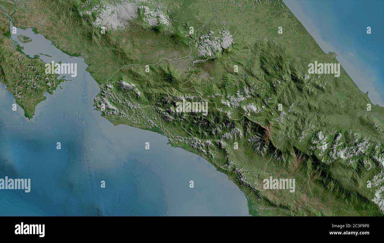 San José, province of Costa Rica. Satellite imagery. Shape outlined ...