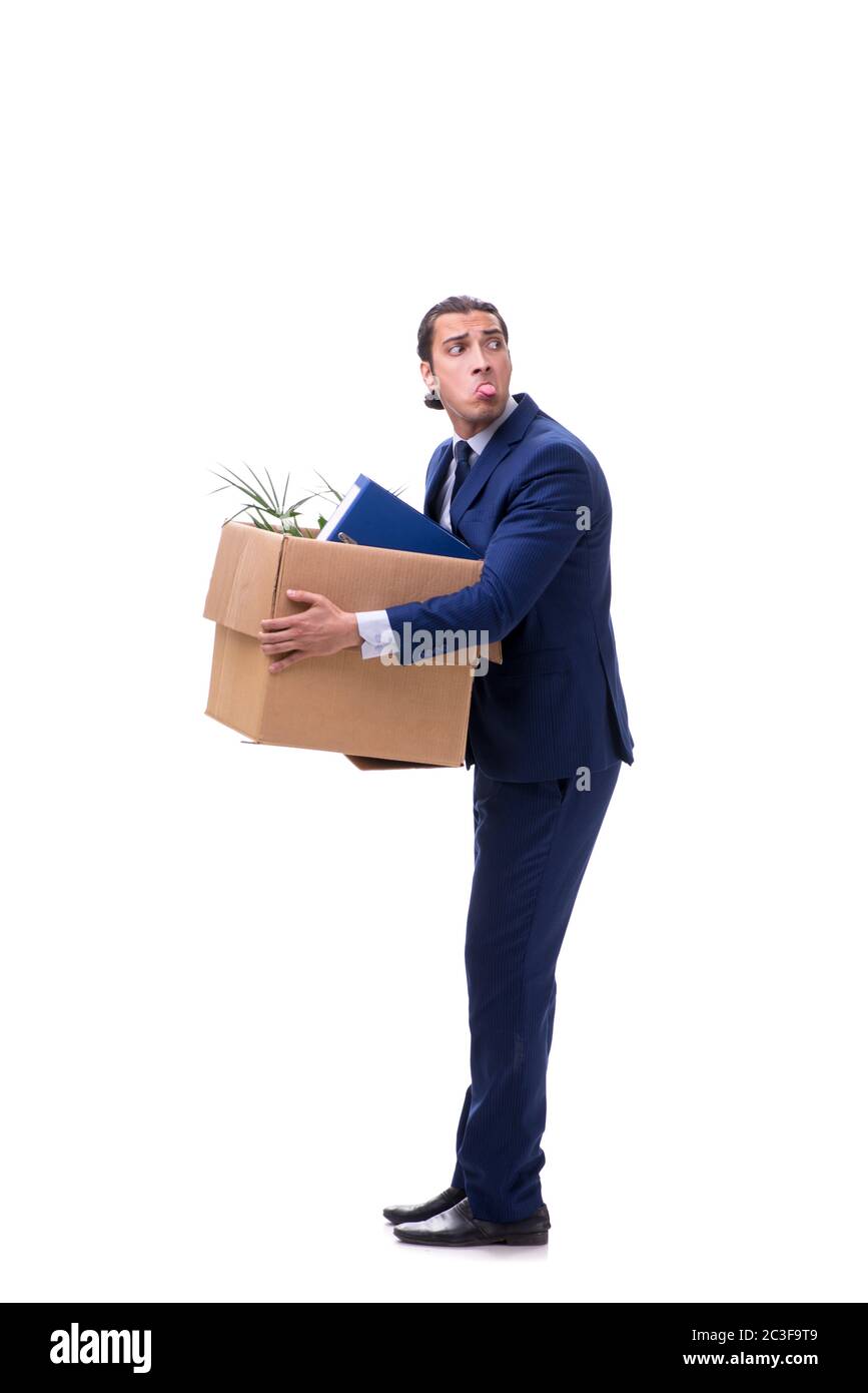 Fired young businessman holding Cut Out Stock Images & Pictures - Alamy