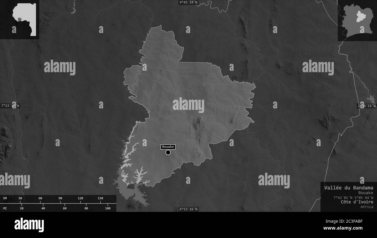 Vallée du Bandama, district of Côte d'Ivoire. Grayscaled map with lakes ...