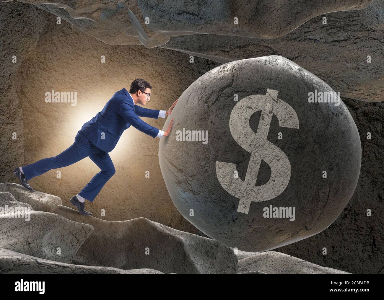 Businessman pushing dollar sign in business concept Stock Photo - Alamy