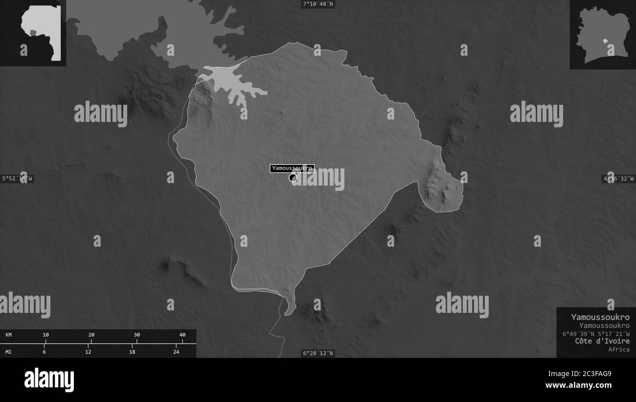 Yamoussoukro, autonomous district of Côte d'Ivoire. Grayscaled map with ...