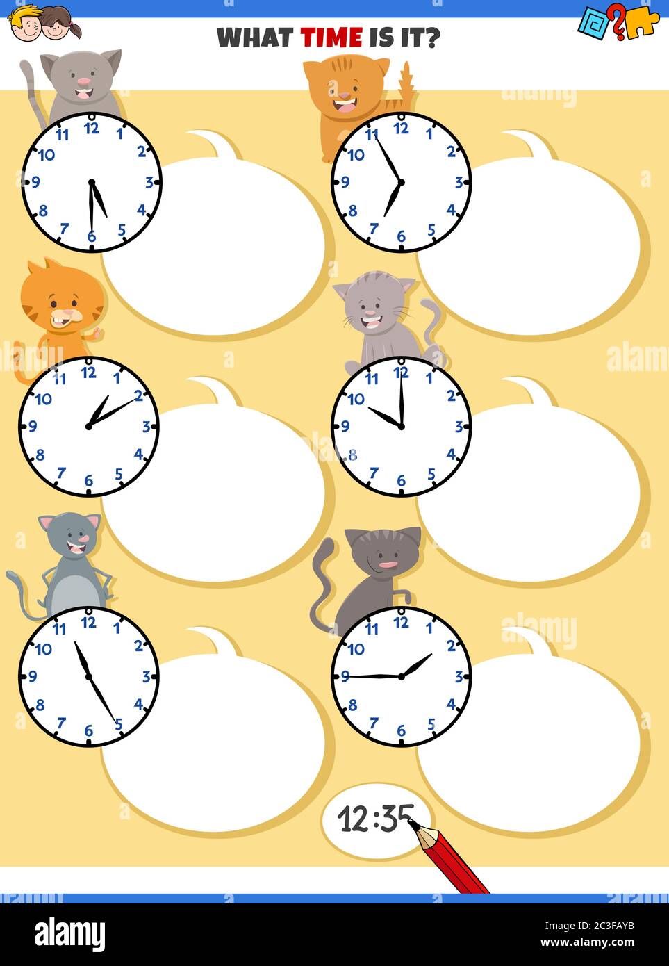 telling time educational task with cute cats Stock Photo - Alamy
