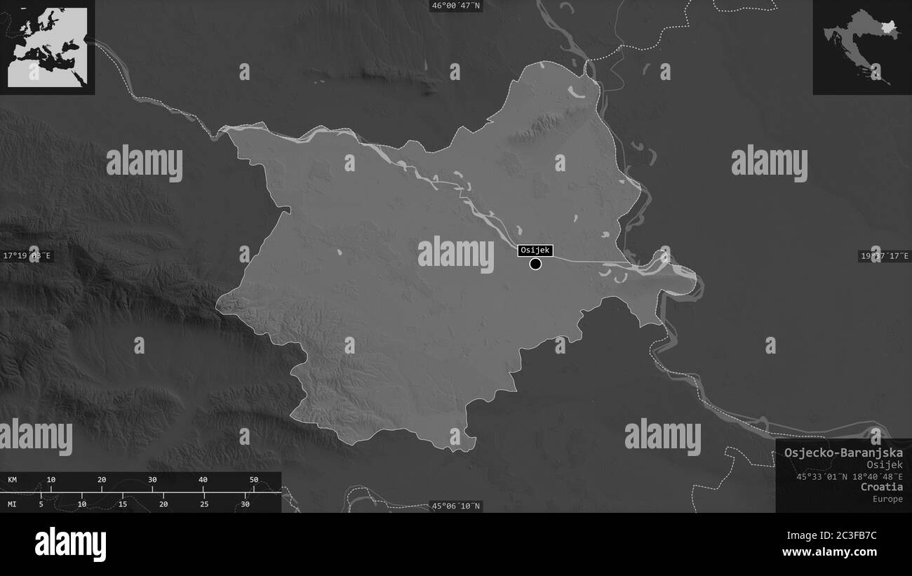 Osjecko-Baranjska, county of Croatia. Grayscaled map with lakes and ...