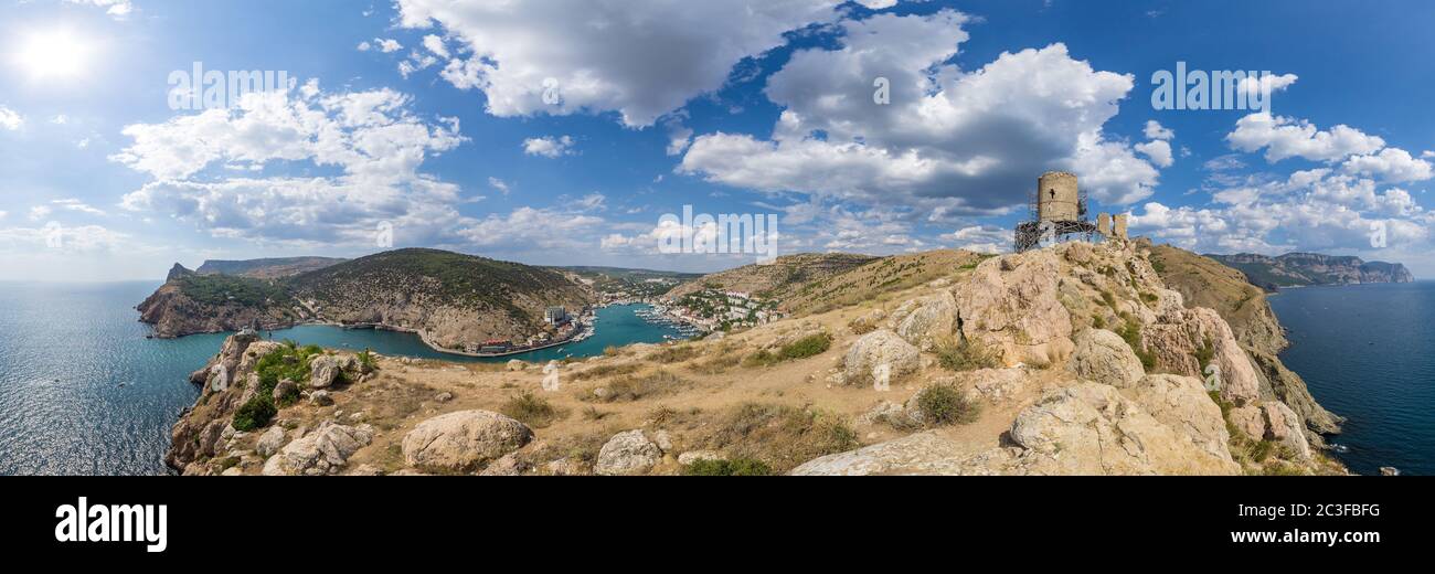 Scenic panoramic view of Balaclava bay with yachts from the ruines of ...