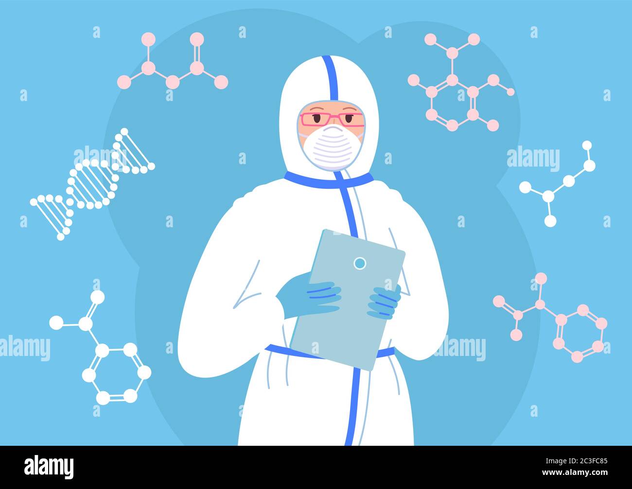 Female scientist with tablet in mask, white protective suit. Chemical ...