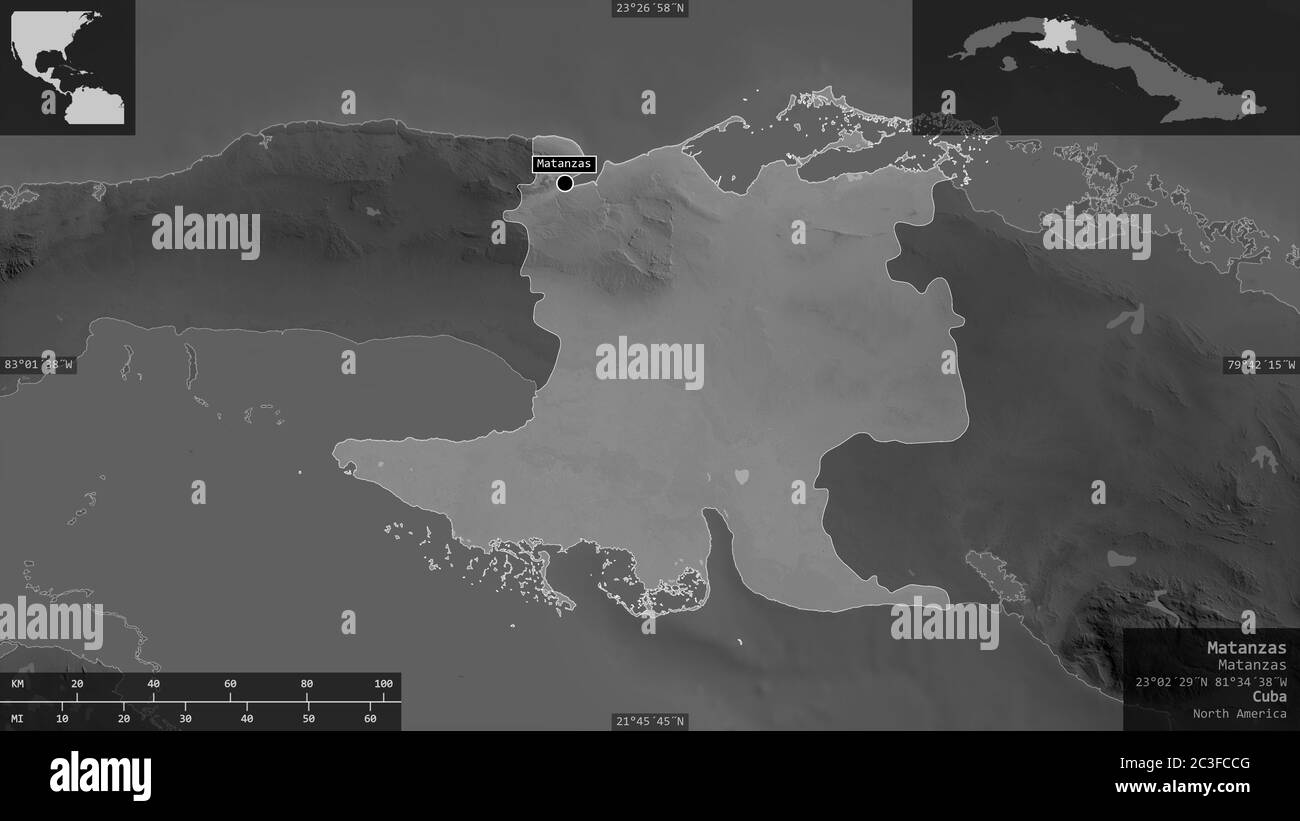 Matanzas, province of Cuba. Grayscaled map with lakes and rivers. Shape ...