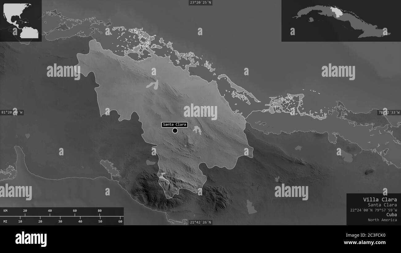 Villa Clara, province of Cuba. Grayscaled map with lakes and rivers ...