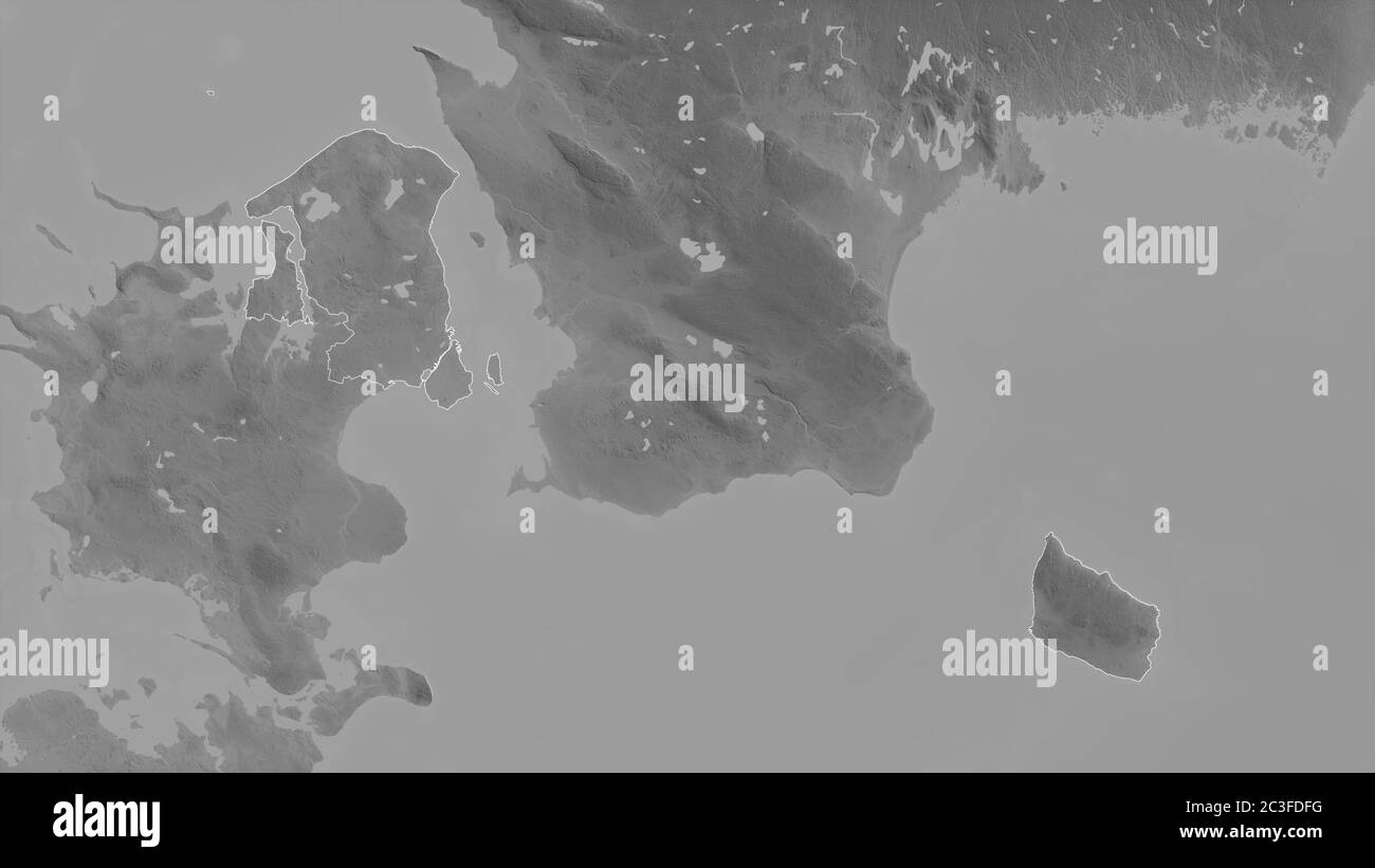 Hovedstaden, region of Denmark. Grayscaled map with lakes and rivers. Shape outlined against its ...