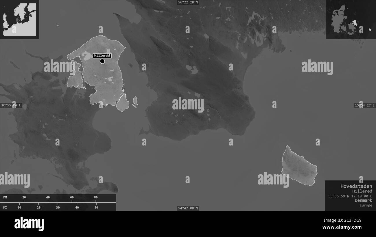 Hovedstaden, region of Denmark. Grayscaled map with lakes and rivers. Shape presented against ...