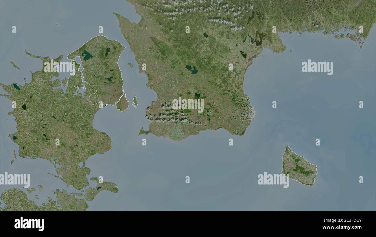 Hovedstaden, region of Denmark. Satellite imagery. Shape outlined ...
