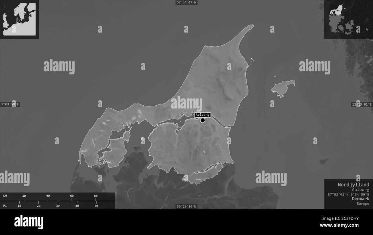 Nordjylland, region of Denmark. Grayscaled map with lakes and rivers. Shape presented against ...