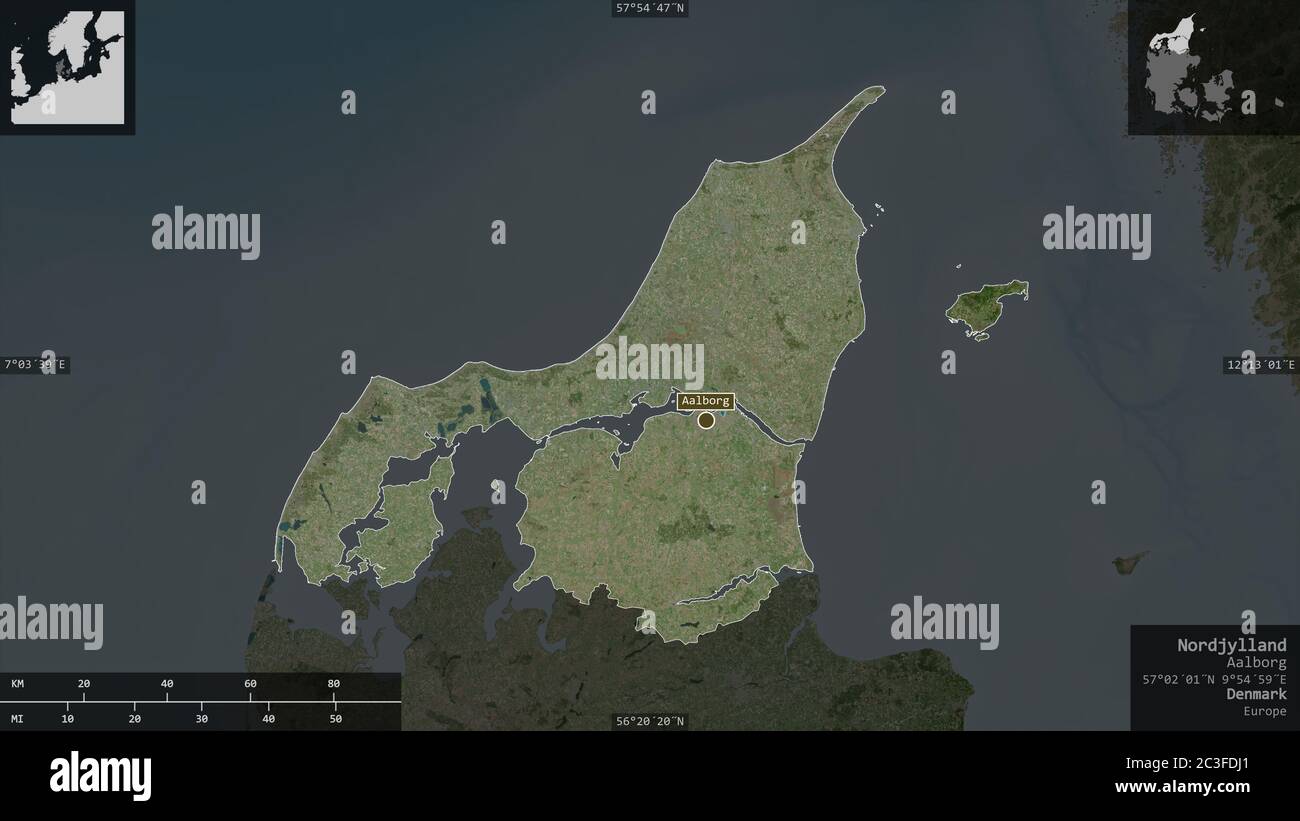 Nordjylland, region of Denmark. Satellite imagery. Shape presented against its country area with ...