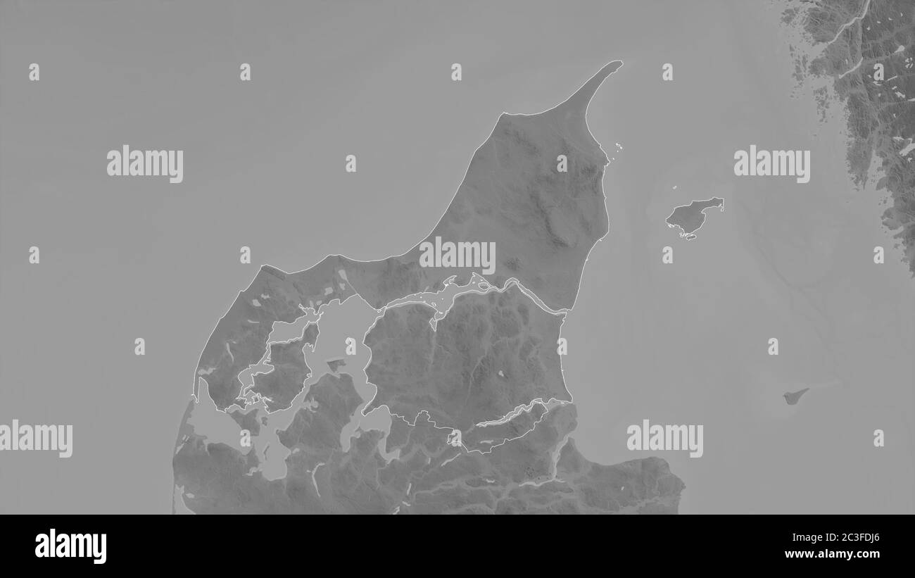 Nordjylland, region of Denmark. Grayscaled map with lakes and rivers. Shape outlined against its ...