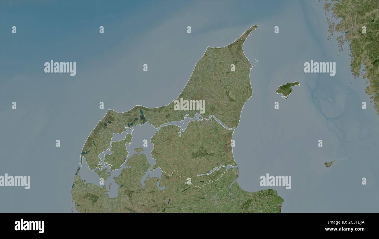 Nordjylland, region of Denmark. Satellite imagery. Shape outlined against its country area. 3D ...