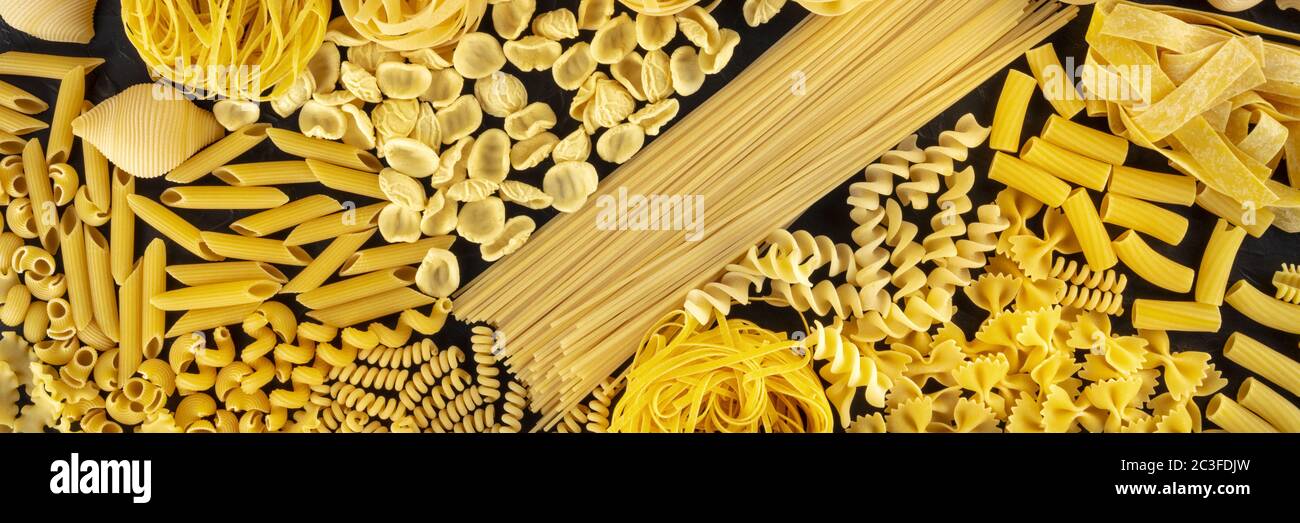 Italian pasta panoramic background texture, a flatlay of many different ...