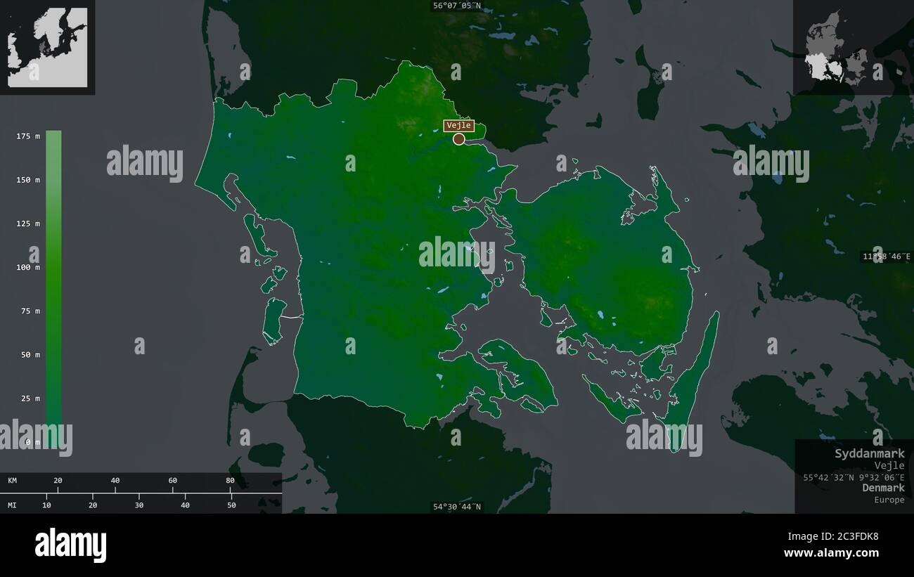 Syddanmark, region of Denmark. Colored shader data with lakes and ...