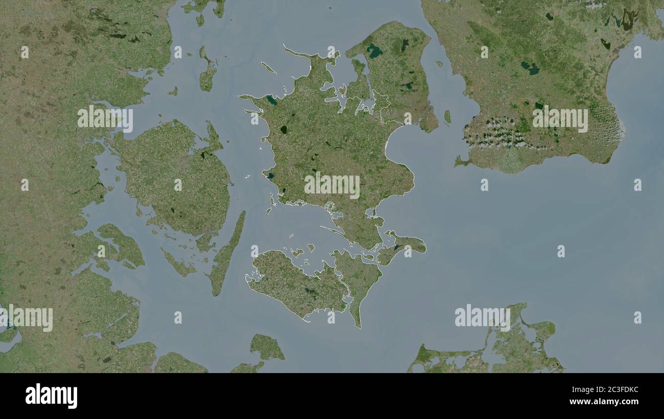 Sjælland, region of Denmark. Satellite imagery. Shape outlined against ...