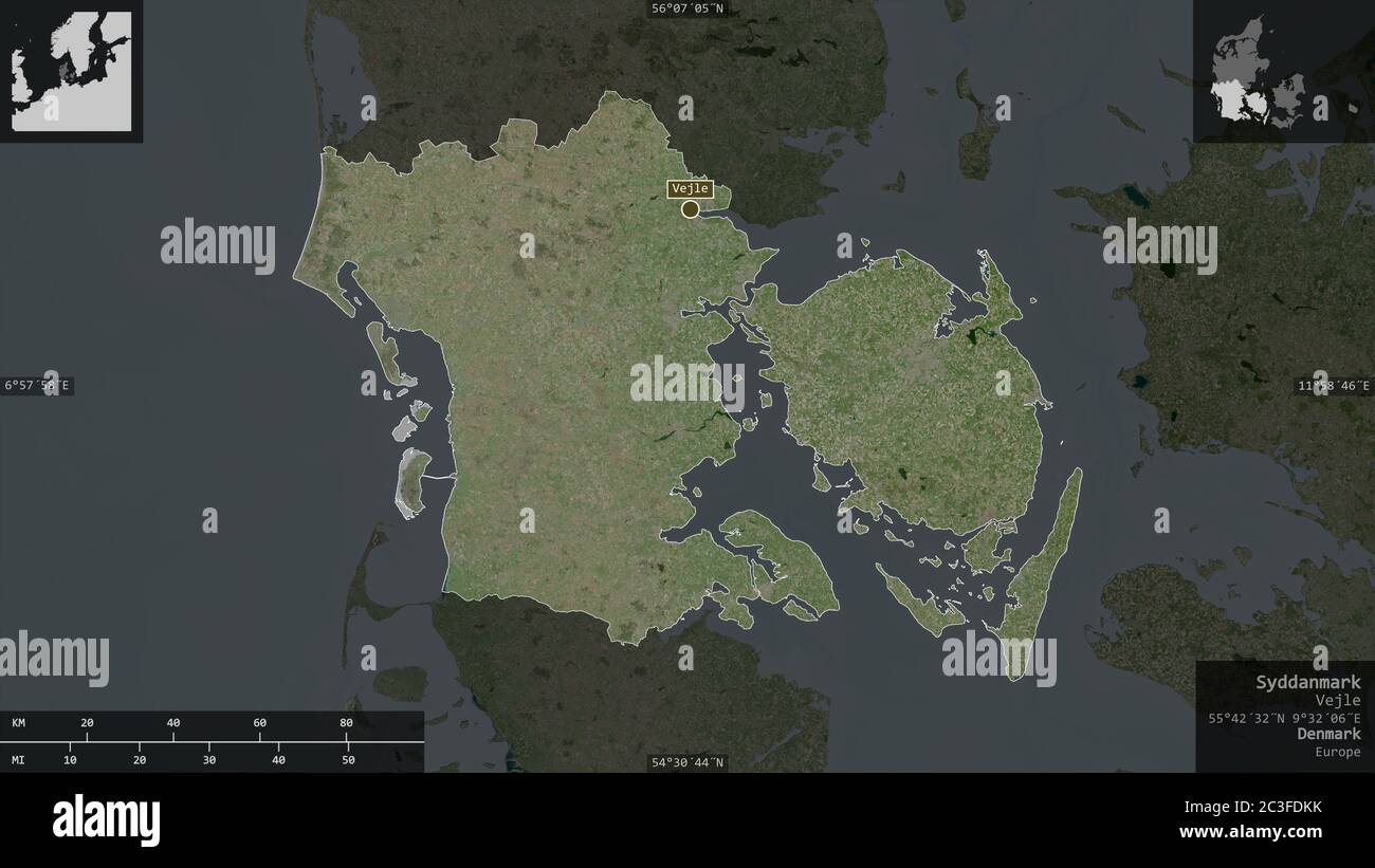 Syddanmark, region of Denmark. Satellite imagery. Shape presented ...