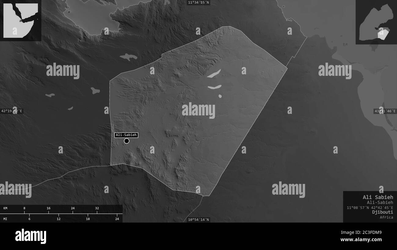 Ali Sabieh, region of Djibouti. Grayscaled map with lakes and rivers ...