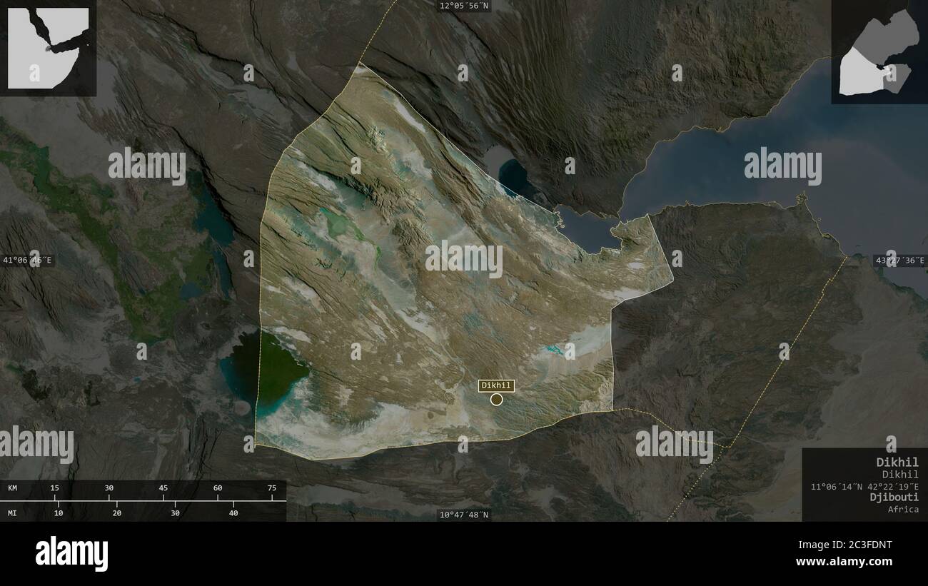Dikhil, region of Djibouti. Satellite imagery. Shape presented against ...