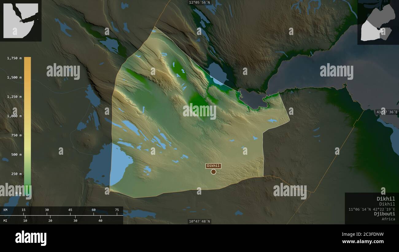 Dikhil, region of Djibouti. Colored shader data with lakes and rivers ...