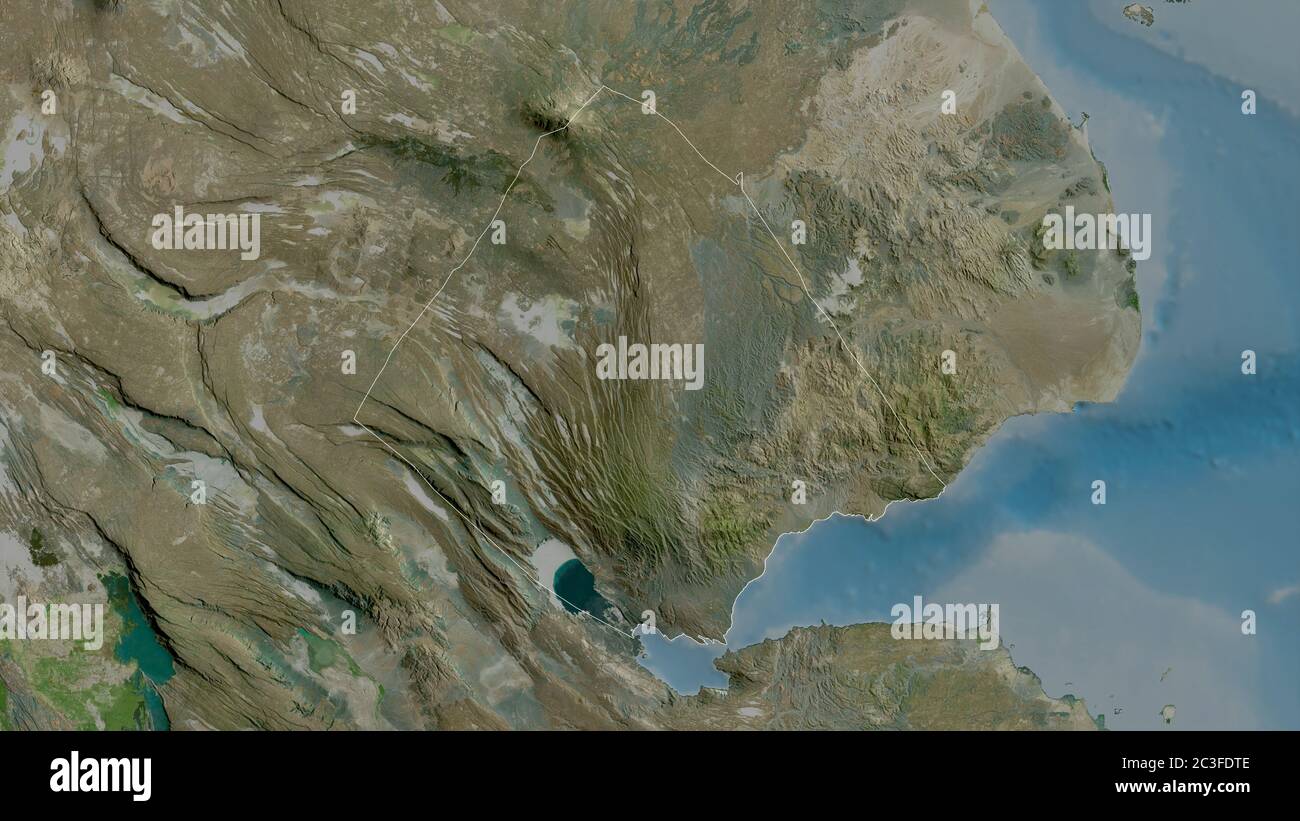 Tadjourah, region of Djibouti. Satellite imagery. Shape outlined ...