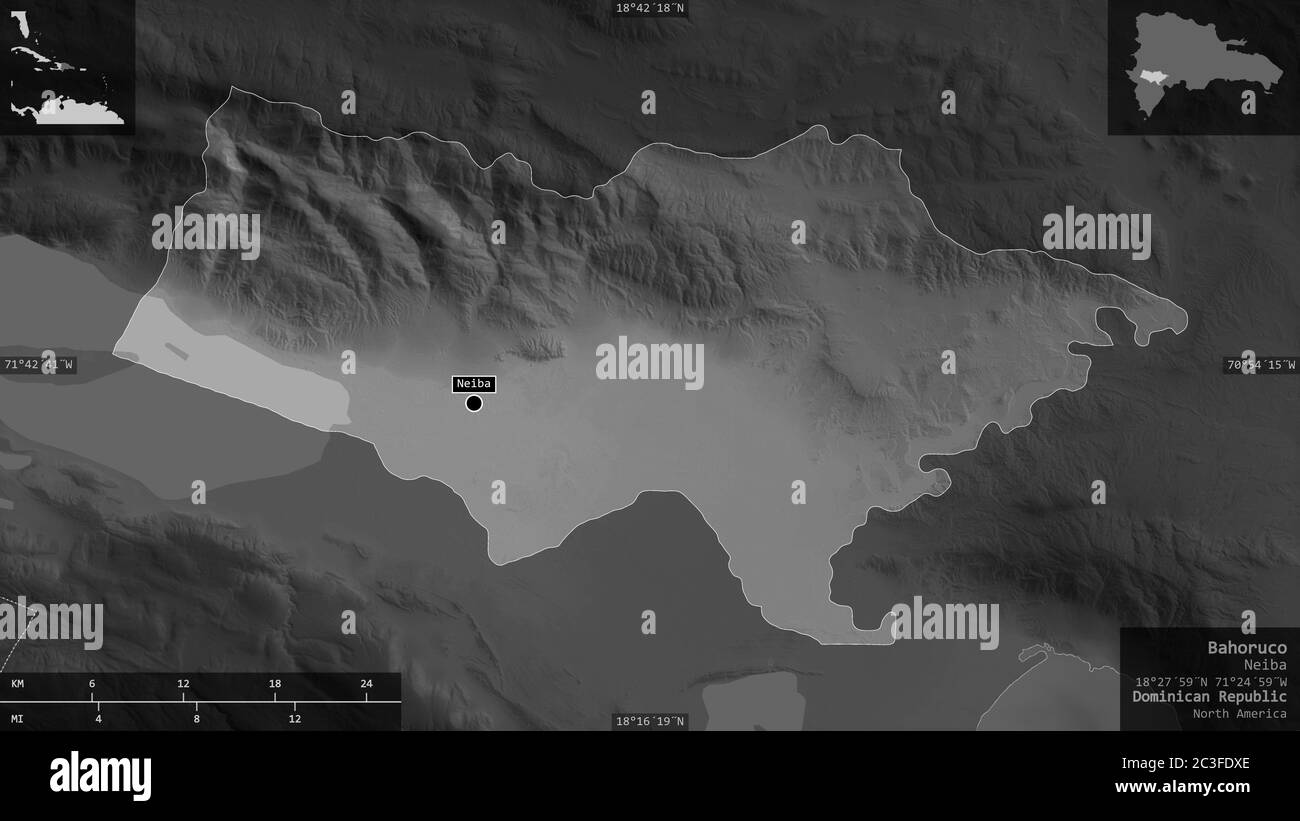 Bahoruco, province of Dominican Republic. Grayscaled map with lakes and ...