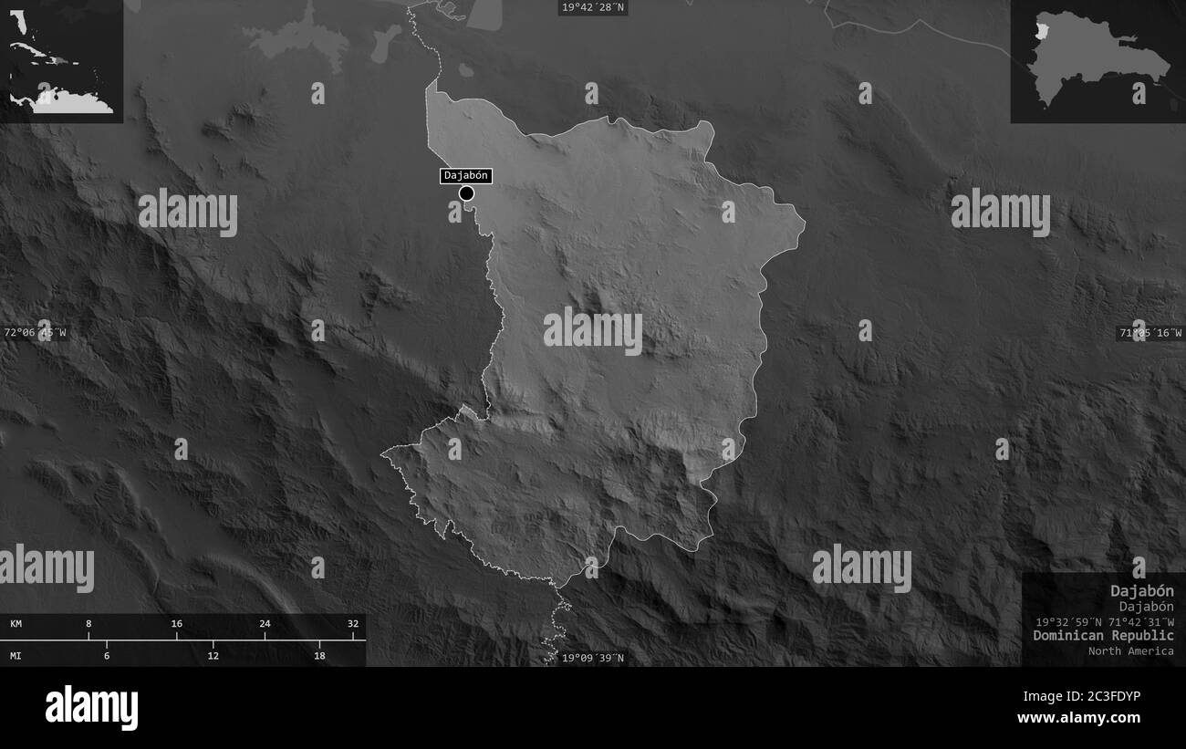 Dajabón, province of Dominican Republic. Grayscaled map with lakes and ...