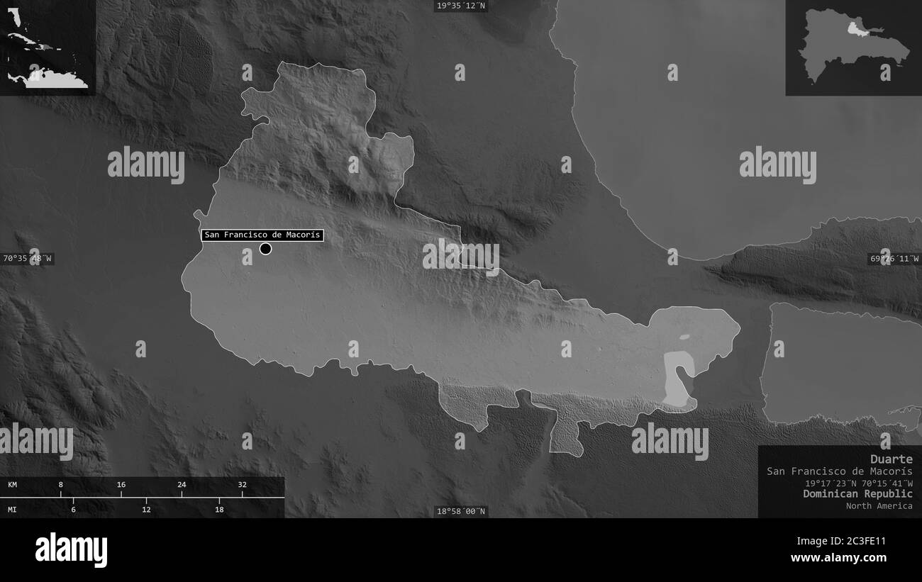 Duarte, province of Dominican Republic. Grayscaled map with lakes and ...