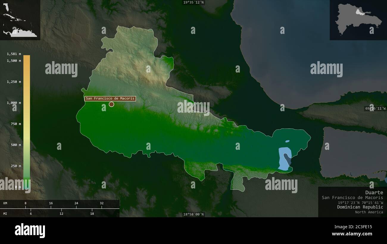 Duarte, province of Dominican Republic. Colored shader data with lakes ...