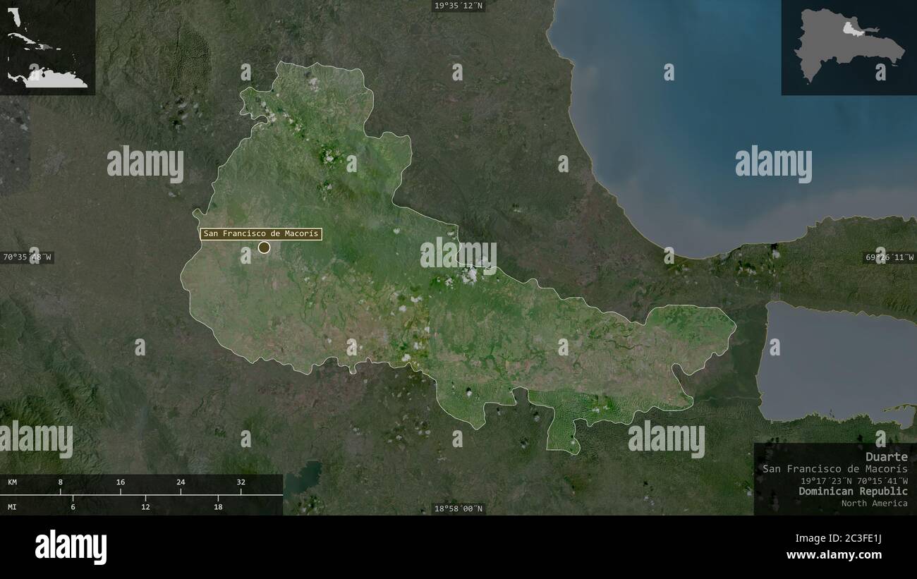 Duarte, province of Dominican Republic. Satellite imagery. Shape ...