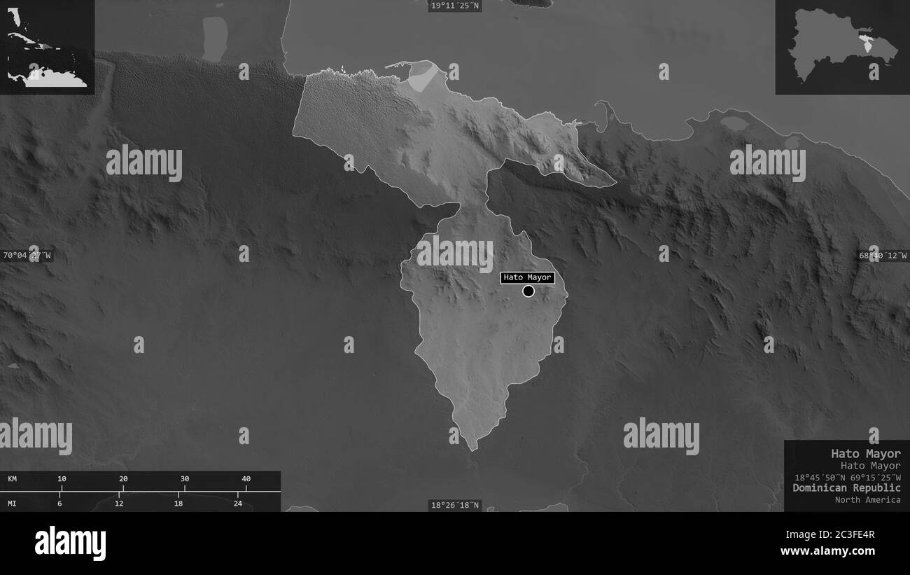 Hato Mayor, province of Dominican Republic. Grayscaled map with lakes ...