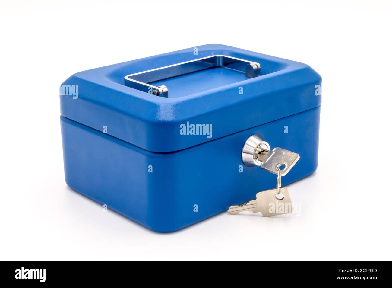 Blue safe close with a key on a white background Stock Photo - Alamy