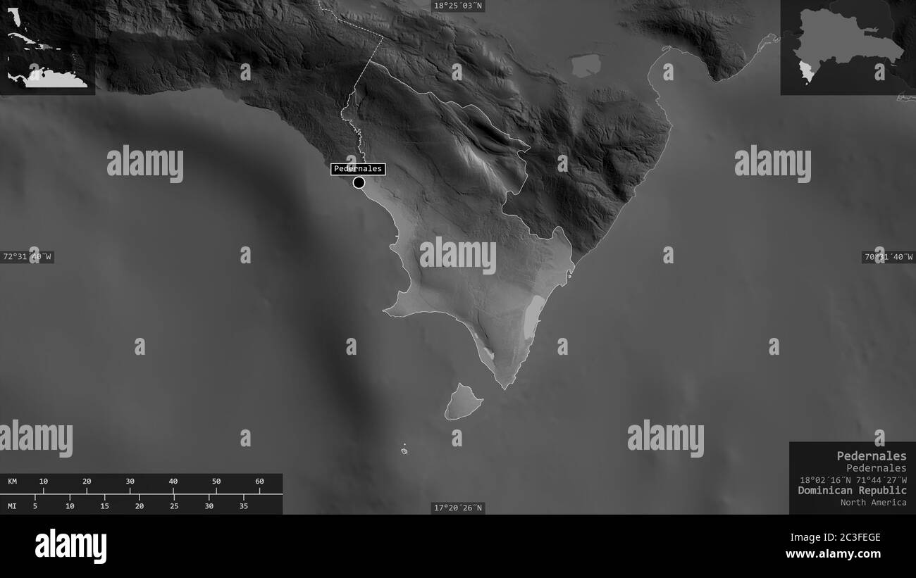 Pedernales, province of Dominican Republic. Grayscaled map with lakes ...