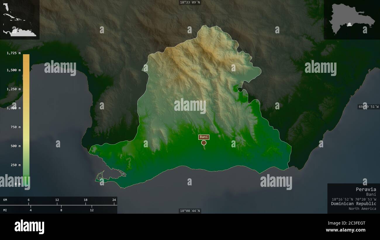 Peravia, province of Dominican Republic. Colored shader data with lakes ...