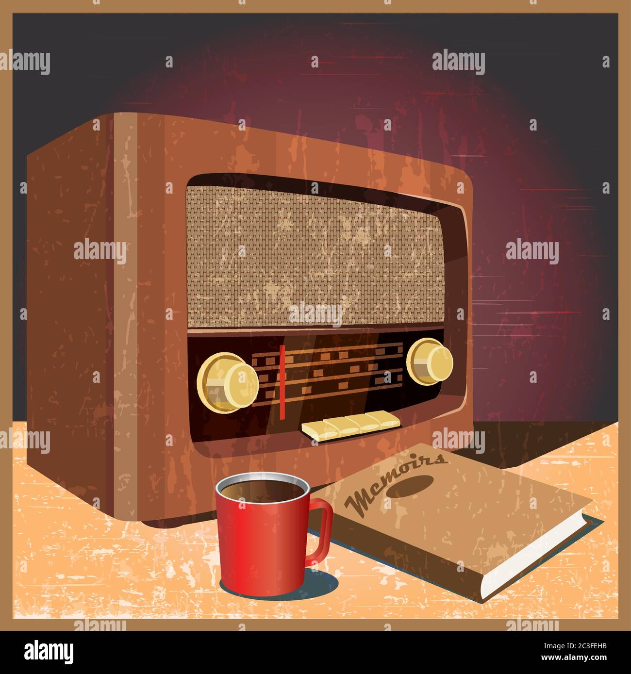 stylized vector illustration in the retro theme. old radio, coffee and ...