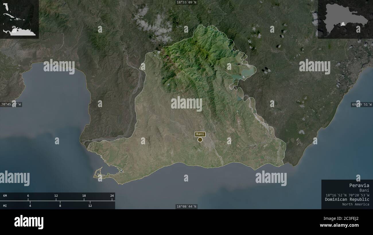 Peravia, province of Dominican Republic. Satellite imagery. Shape ...