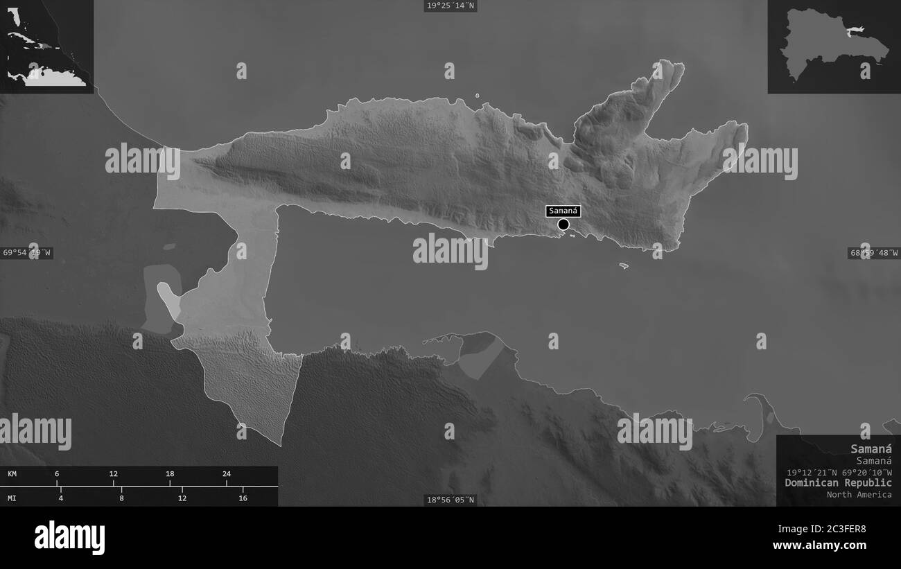 Samaná, province of Dominican Republic. Grayscaled map with lakes and ...