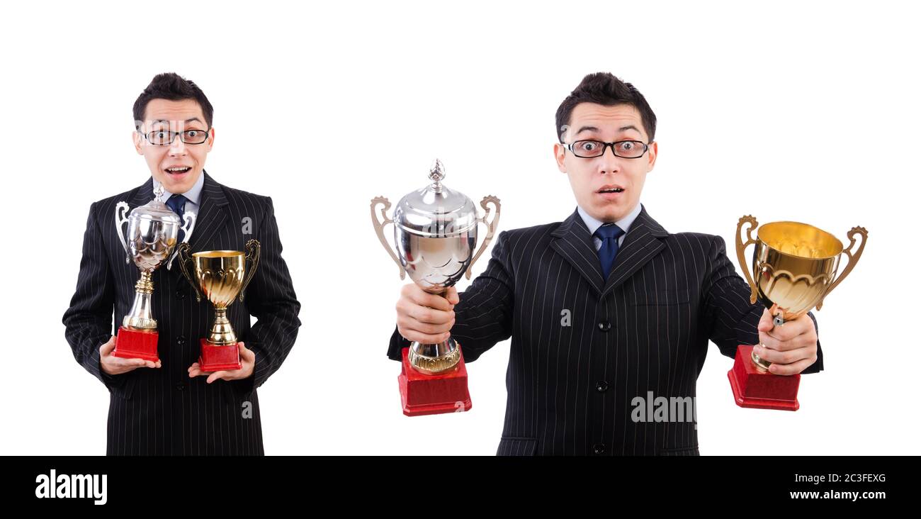 Funny guy receiving award on white Stock Photo - Alamy