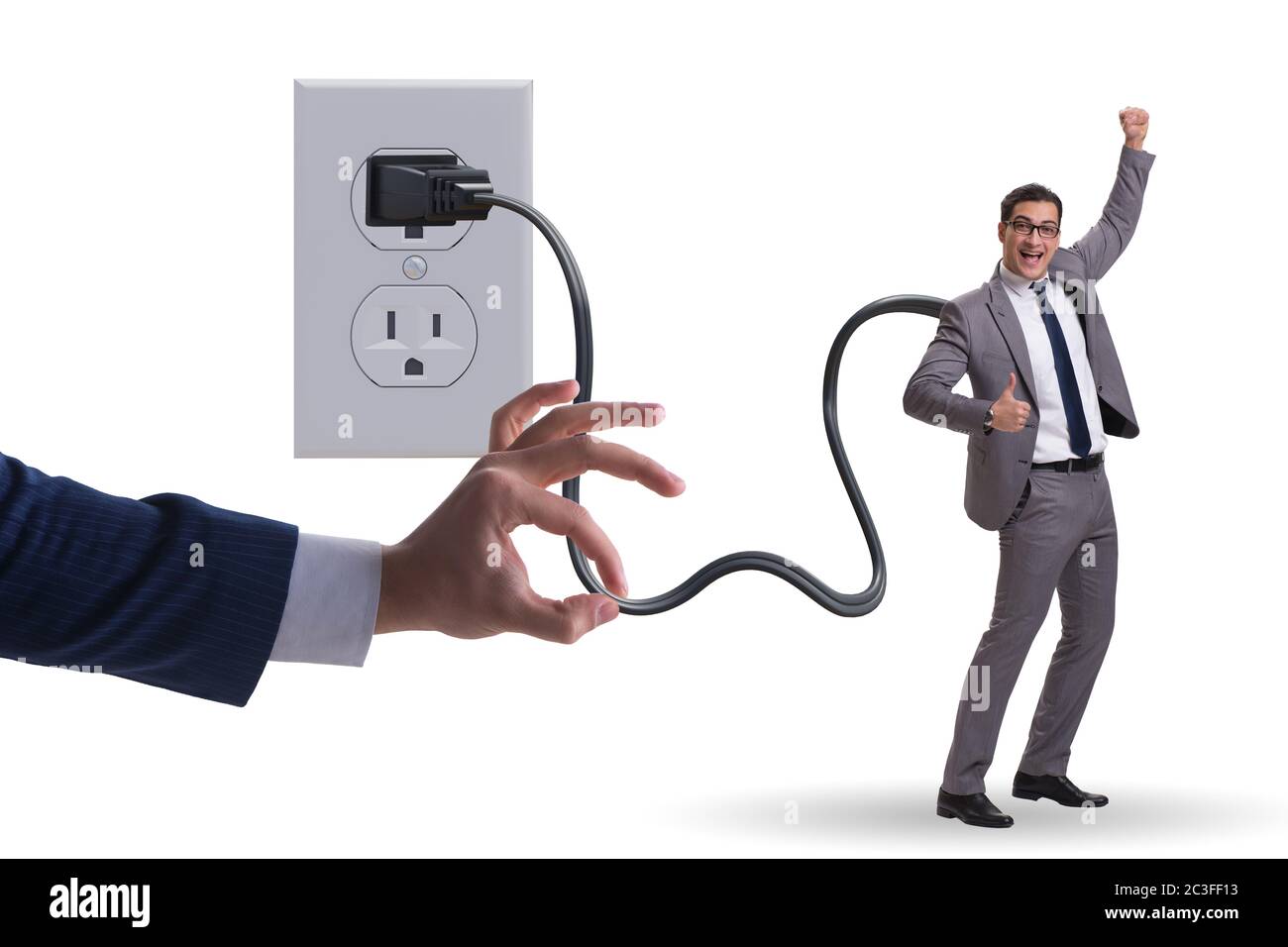 Businessman being powered by electricity and plug Stock Photo - Alamy
